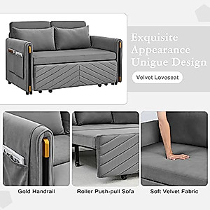CALABASH Sofa Bed,Pull Out Couch Bed Sleeper Sofa,54" Modern Convertible Velvet Loveseat with 2 Pillows and Side Pockets, Small Love seat Sofa Bed w/Headboard for Living Room, Apartment (Grey)