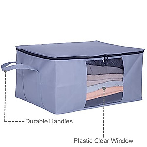 Wismart Large Capacity Zippered Clothes Storage Bags with Plastic Clear Window and Durable Handles Great for seasonal storage, Bedding, Blankets ,Foldable with Sturdy Zipper, 4 Pack, Grey (Large, Grey-4Pack)