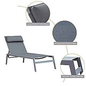 domi outdoor living 3 Pieces Adjustable Chaise Lounge Set Outdoor Patio Lounge Chair All Weather Five-Position Recliner Chair Set w/Coffee Table for Patio, Pool, Yard (Grey)