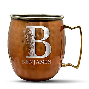 Personalized Custom Brown Mug Hammered Finish Moscow Mule with Brass Handle | Bold Earth Monogram Engraved Bar Style Cup, 18 oz | Single