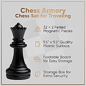 Chess Armory Travel Set 9.5" x 9.5"- Mini for Kids with Folding Magnetic Board Storage Box, & 2 Extra Queen Pieces - Portable Game