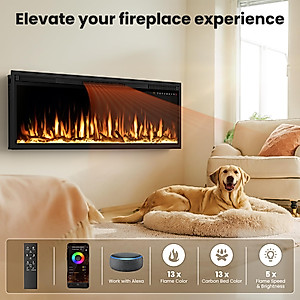 Smart 60" WiFi-Enabled Electric Fireplace Heater, Recessed in-Wall and Wall-Mounted Linear Fireplace,Compatible with Alexa,13 Adjustable Flame Color and 5 Brightness,1500/750 Watt Heater,Black
