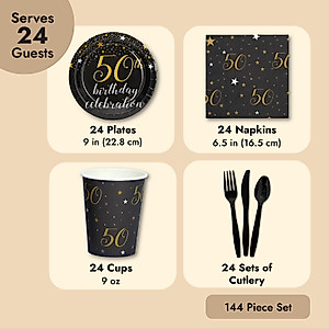 BLUE PANDA 144 Pieces 50th Birthday Party Supplies, Black and Gold Paper Plates, Napkins, Cups, Cutlery, Decorations (Serves 24) - 50th Party Decorations