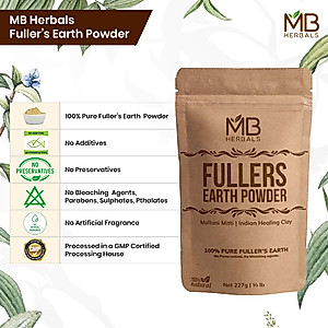 MB Herbals 100% Pure Fullers Earth Powder 100g | 3.5oz | Multani Mitti Facial Clay Bentonite Indian Healing Clay | No Preservatives | No Bleaching Agents | No Added Fragrance| Fuller's Earth