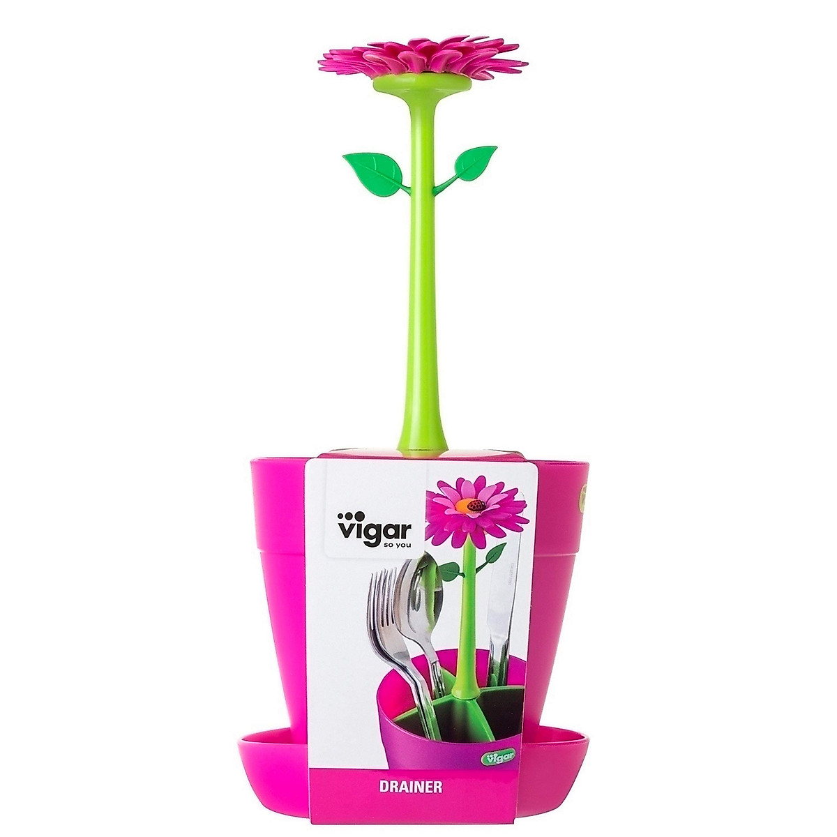 Vigar Flower Power Cutlery Drainer, Four-compartment Flatware Organizer, Flower-pot Design, Pink