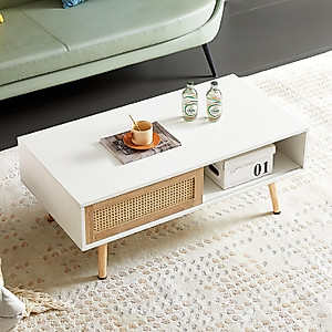 Mid Century Modern Coffee Table with Storage, 41.3 Inch Rectangle Wooden Accent Center Sofa Table with Sliding PE Rattan Woven Door Panel and Solid Wood Legs, Suitable for Living Room, Apartment
