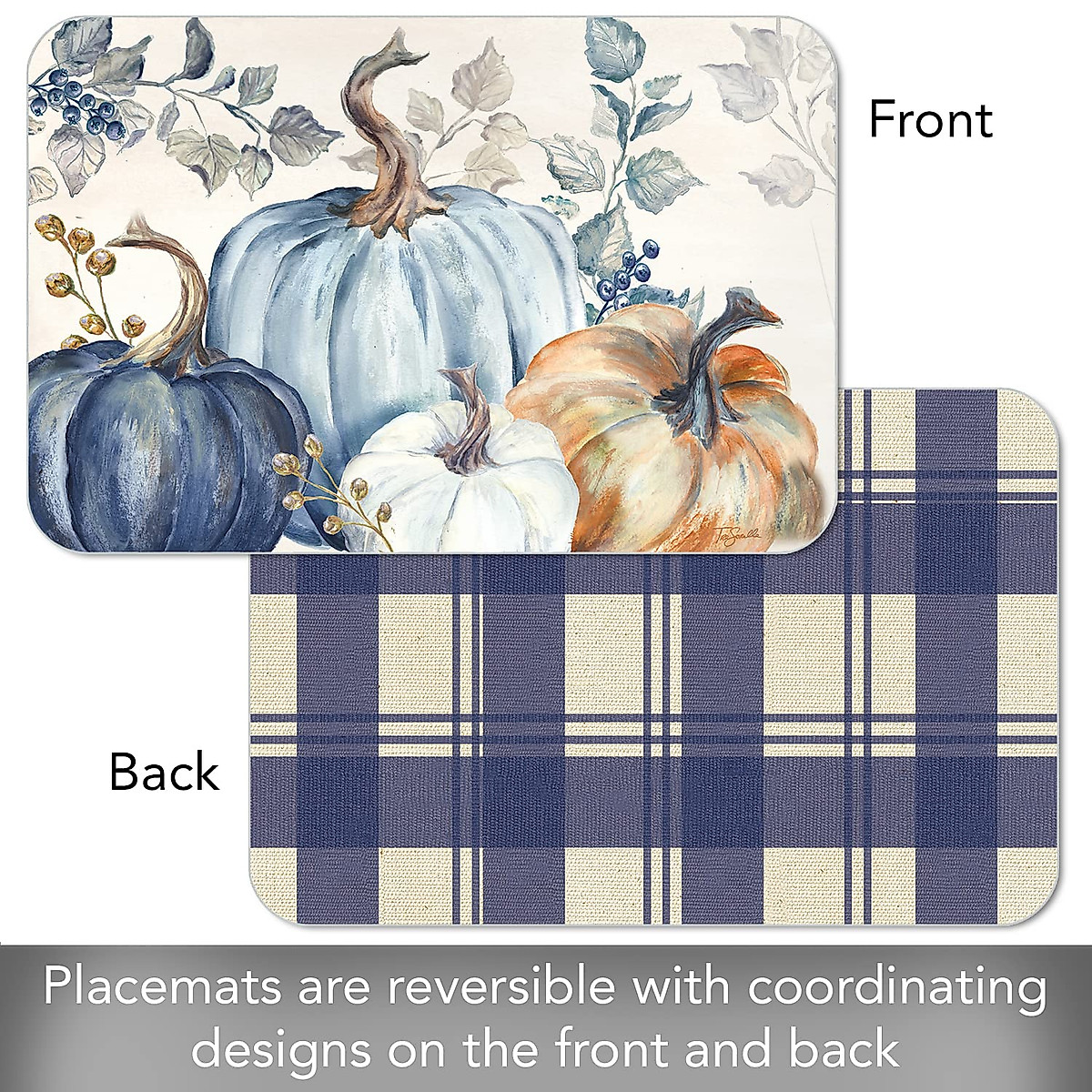 CounterArt Pumpkin Blues 4 Pack Reversible Easy Care Flexible Plastic Placemats Made in The USA BPA Free PVC Free Easily Wipes Clean