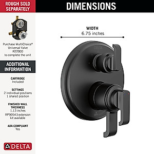 Delta Faucet Tetra 17 Series Matte Black 3-Setting Integrated Diverter Valve Trim Kit, Black Diverter Valve Trim Kit, Shower Trim Kit, Matte Black T27889-BL (Valve Not Included)