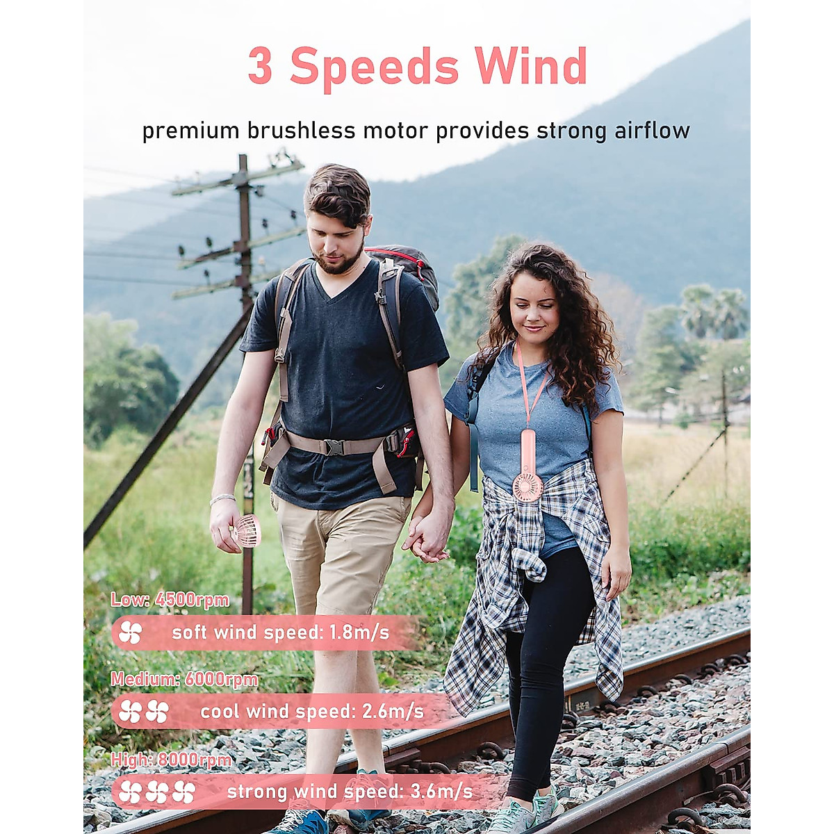 Coohea Mini Handheld Fan 4800mAh Battery Portable Fan USB Rechargeable Eyelash Fan 3 Speeds Wind Powerful Makeup Fan Cute Small Fan with Base & Lanyard for Hand Held Desk Travel Beach Office, Pink