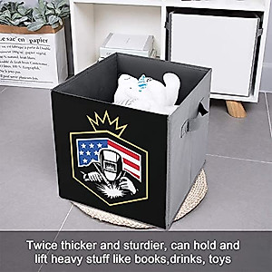 Welding American Welder Flag PU Leather Collapsible Storage Bins Canvas Cube Organizer Basket with Handles