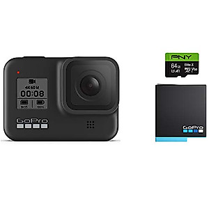GoPro HERO8 Black Waterproof Action Camera with Touch Screen 4K Ultra HD Video 12MP Photos 1080p Live with Accessory Bundle - 1 Additional GoPro USA Batteries + PNY 64GB U3 microSDHC Card