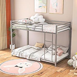 Giantex Metal Bunk Bed Twin over Twin, Low Profile Bunk Bed Frame with Ladder & Full Length Guardrail, Space-saving Twin Size Bed Frame for Kids Teens, No Box Spring Needed (Silver)