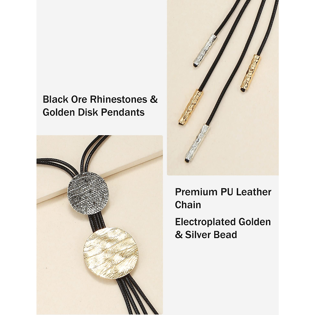 KISSKIKO Long Necklaces Tassel Sweater Chain for Woman | Girls Retractable Lucky Disk Pendant | Gold/Silver Black Ore Rhinestones PU Leather Rope Y Necklace Gift