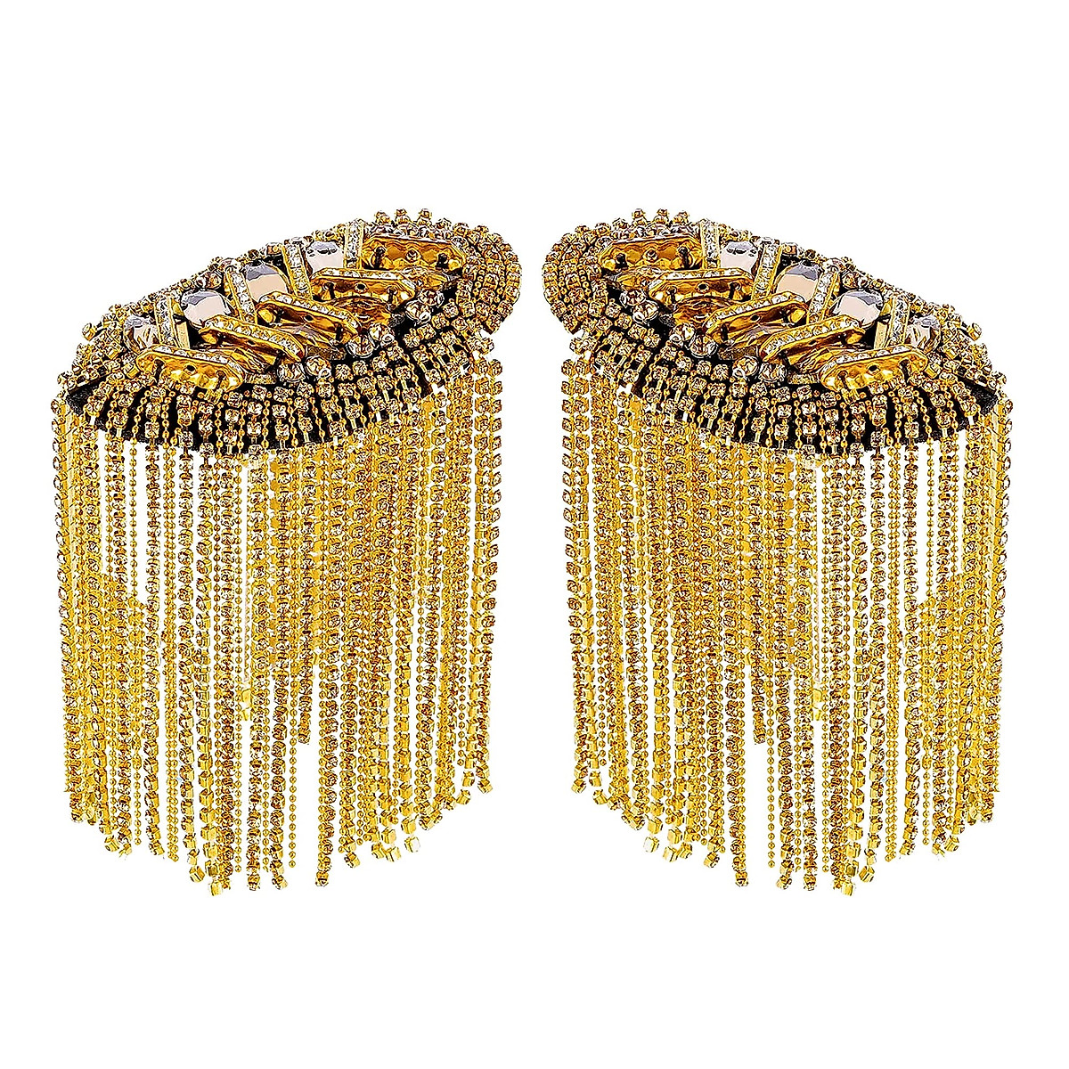 IUASZZ 2 Pieces Tassel Epaulets Metal Fashion Shoulder Jewelry Rhinestones Cloth Accessories Brooches for Women, 2.2×4in (Gold)