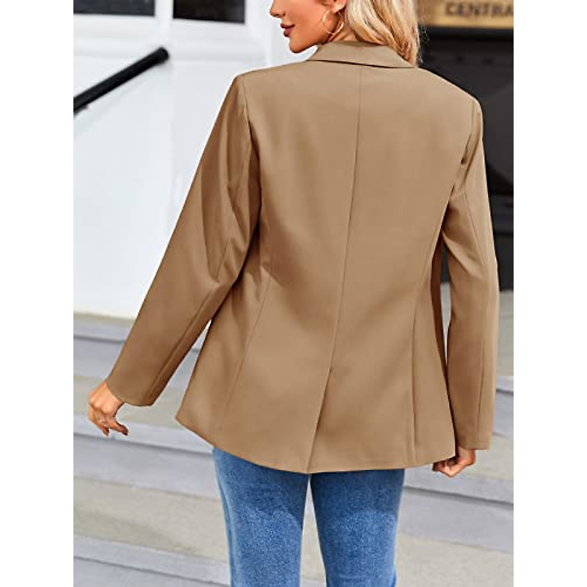 Cnkwei Womens Blazer for Work Casual Long Sleeve Lapel Collar Open Front Button Solid Color Blazer Jackets with Pockets Khaki