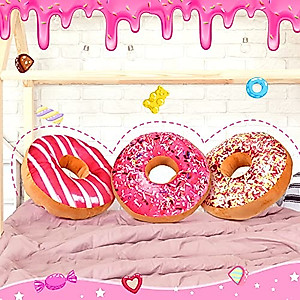 3 Pieces Donut Round Throw Pillow 16 Inch Pink Donut 3D Digital Print Pillow Cute Doughnut Shaped Funny Pillows Soft Plush Food Stuffed Decor Comfortable Cushion for Floor Chair Couch
