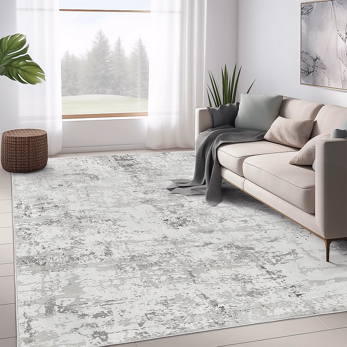 Art&Tuft Washable Rug, Anti-Slip Backing Abstract 8x10 Area Rugs, Stain Resistant Rugs for Living Room, Foldable Machine Washable Area Rug 8x10, Grey