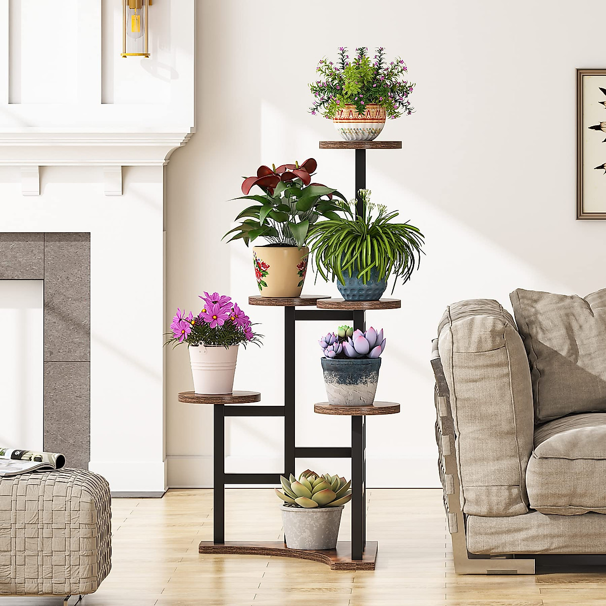 LITTLE TREE 6 Tiered Corner Plant Stand Indoor, Tall Plant Shelf Flower Stand Multiple Potted Plant Holder Rack for Living Room Balcony Garden, Rustic Brown