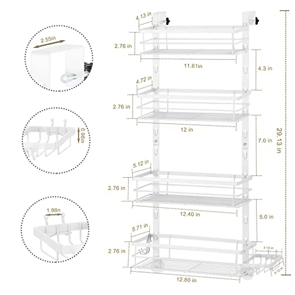 melos White Over The Door Shower Caddy, 4 Tier 29inch Height Adjustable over the door shower organizer Hanging Bathroom Shelf with Soap Holder, No Drilling