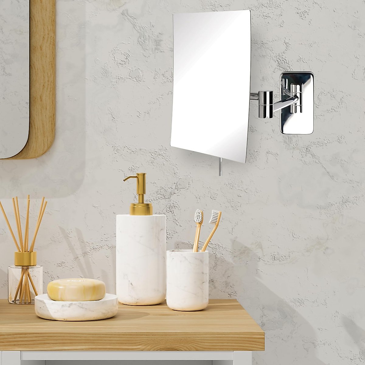 JERDON Wall Mount Makeup Mirror with 5X Magnification - 8.75” x 6.5” Rectangular Mirror Extends 14” – Chrome Finish – Model JRT695C
