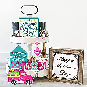 5 PCS Mother's Day Tiered Tray Decor (Tray Not Included) - Happy Mother's Day Mini Wood Sign, Wooden Heart Bead Garland - Mother's Day Party Decor, Mother’s Birthday Party Decorations