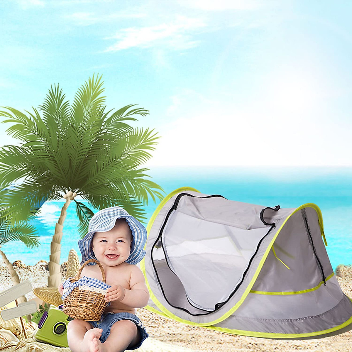 Green Pipe Baby Pop Up Tent - UPF 50+ Sun Shade with Mosquito Net, Beach Umbrella for Girls & Boys
