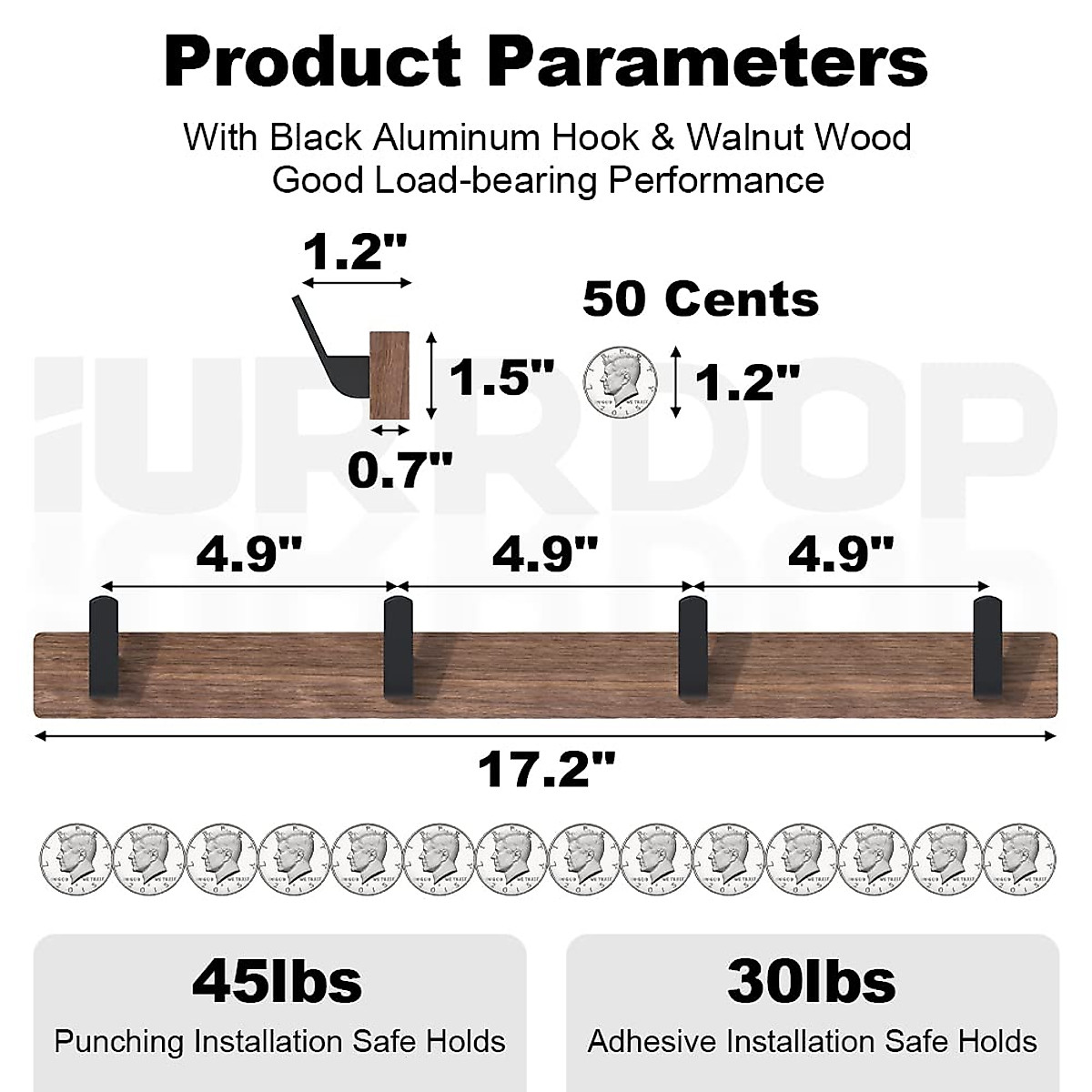 IURRDOP Black Walnut Wood Wall Mount Coat Rack with 4 Hooks, Adhesive Mounted Rustic Decorative Entryway Hooks, Mid Century Modern Natural Wooden Pegs for Hanging Coat Clothes Hat Bag Purse and Towel