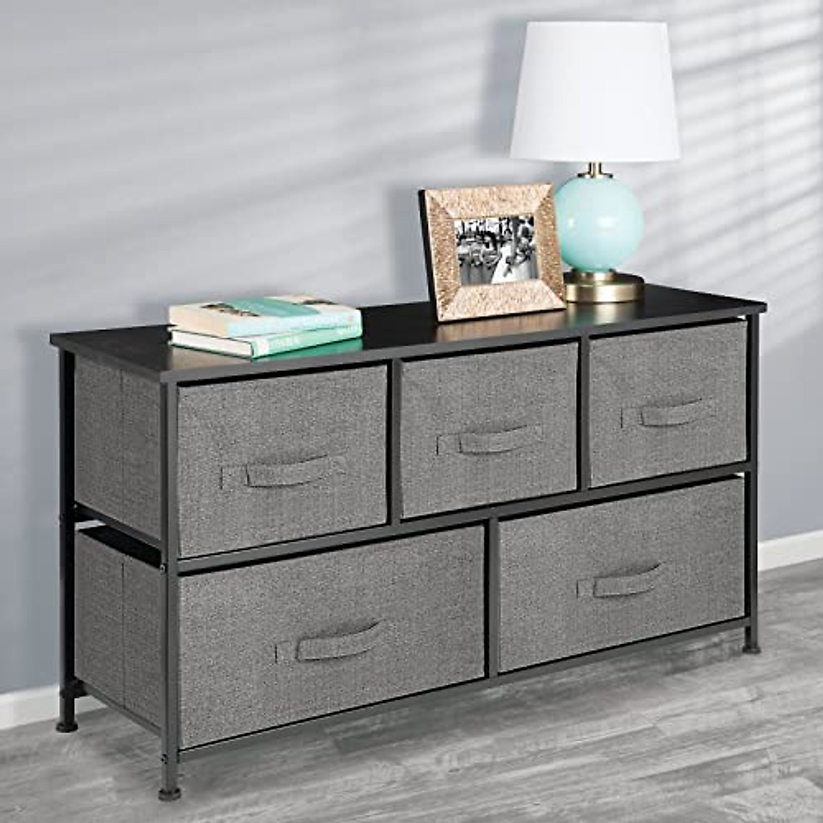 mDesign 21.65" High Steel Frame/Wood Top Storage Dresser Furniture Unit with 5 Removable Fabric Drawers - Wide Bureau Organizer for Bedroom, Living Room, Closet - Lido Collection, Charcoal Gray