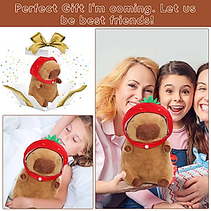 Cute Capybara Plush Wearing Strawberry Hat, 12 INCH Capybara Stuffed Toy Animals Plushies, Soft Capybara Doll Pillow for Kids Boys Girls Birthday Gifts
