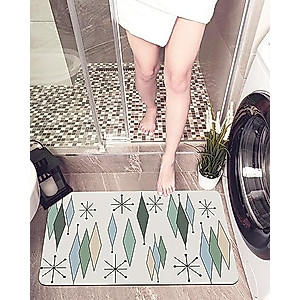 Bath Mat Mid-Century Geometry Teal Green Beige Diamond Pattern Super Quick Dry Diatom Mud Bath Rugs Non-Slip Floor Mats for Bathtub Shower Room Sink, 16x24In