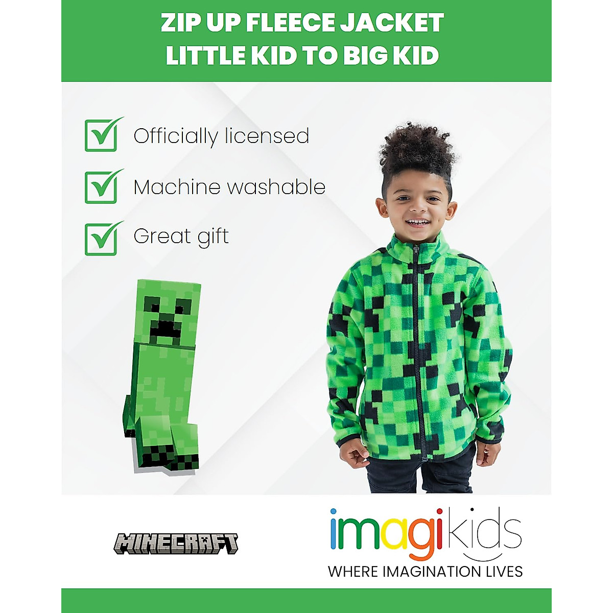 Minecraft Creeper Little Boys Fleece Zip Up Jacket Green 7-8