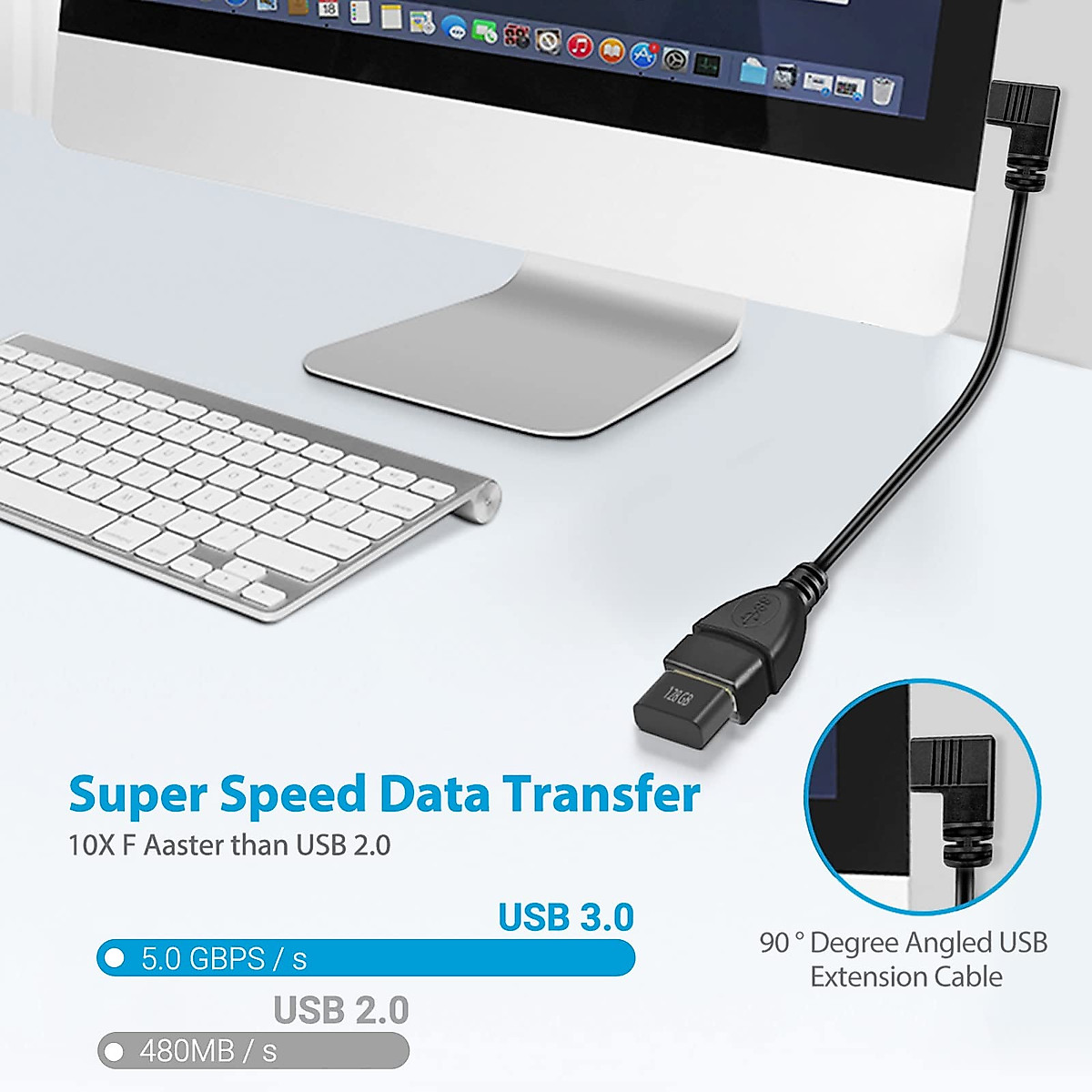 URWOOW 2 Pack SuperSpeed USB 3.0 Angle Male to Female Extension Cable 6 Inch Convertor Adapter Extender Cord Up Angle and Down Angle one Each