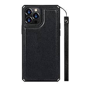 ShunJieTech for iPhone 12 Pro Case,for iPhone 12 Case,[ Credit Card Holder & Slot Wallet Case ] Back Shell Leather Cover Shockproof Protective Case with Strap(6.1")-Black