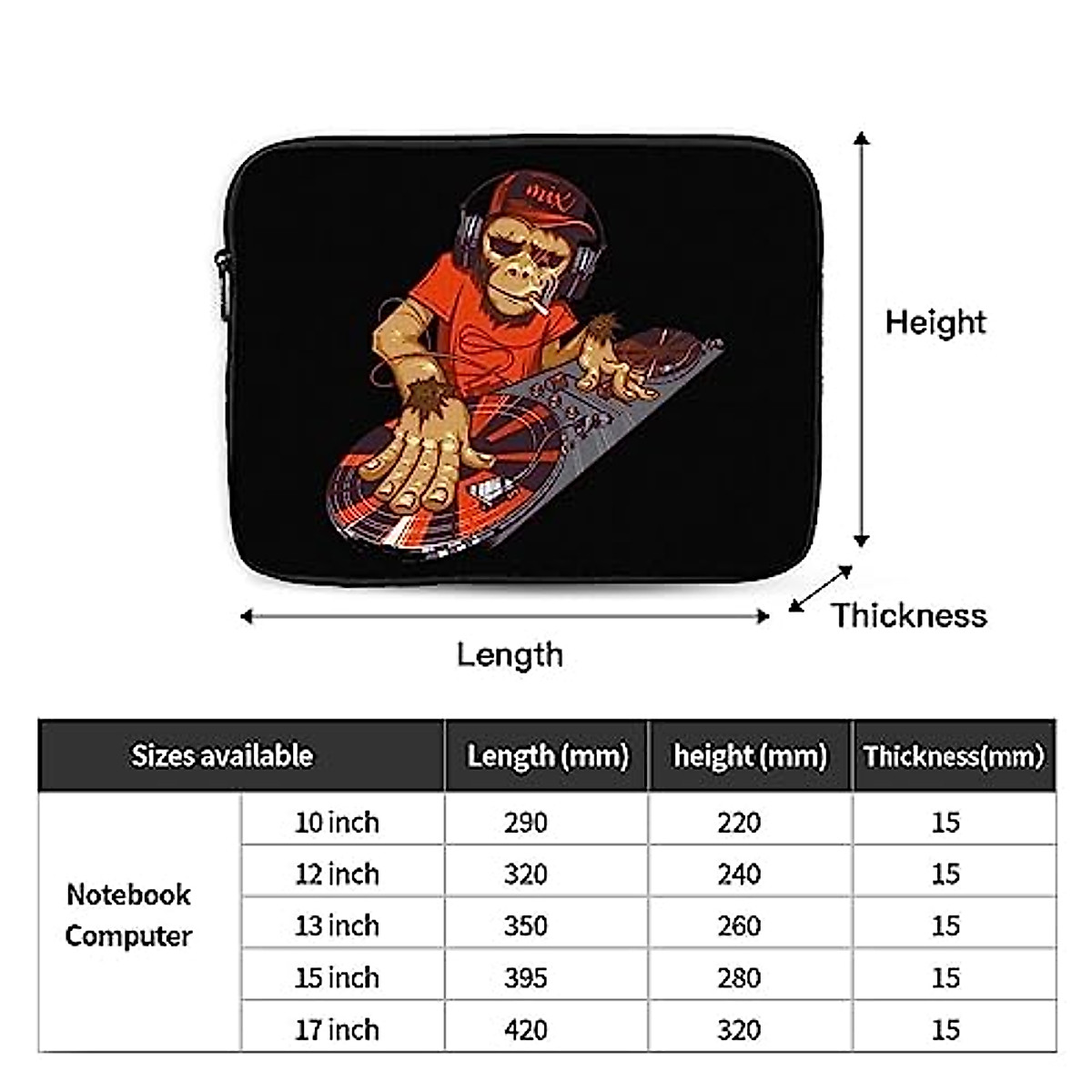 Monkey Scratching Record on Turntable 13 inch Portable Laptop Sleeve Compatible with MacBook Air Notebook Computer Case for Men Women College School Students