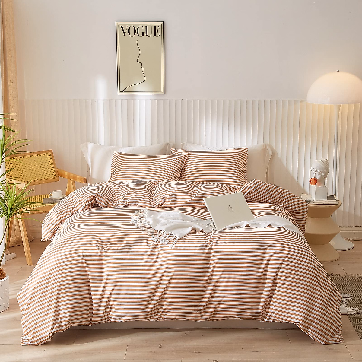 EAVD Duvet Cover Queen White and Khaki Striped Duvet Cover Soft Microfiber Modern Striped Gemetric Pattern Bedding Set with 2 Pillowcases Reversible Striped Comforter Cover with Zipper Closure