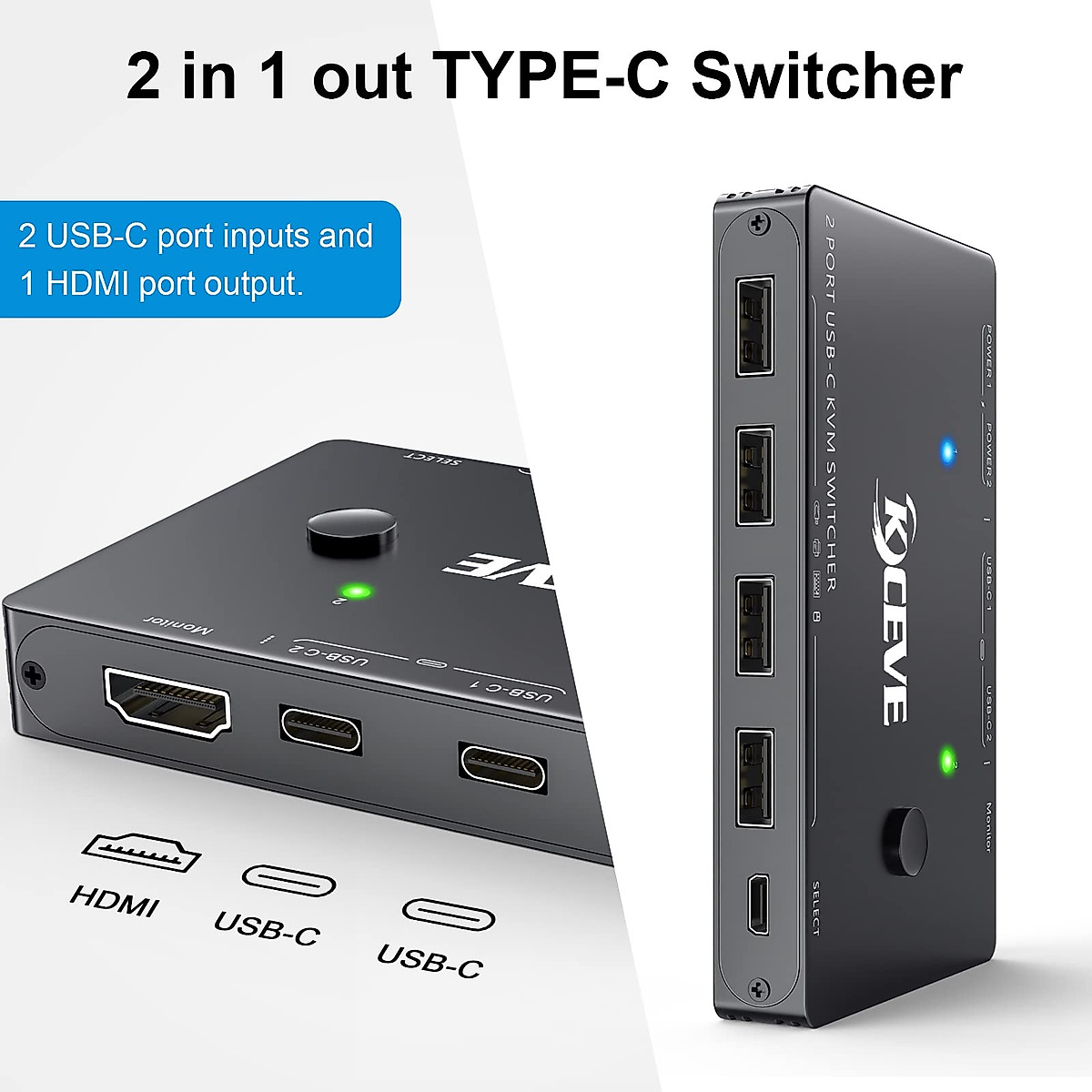 USB Type-C KVM Switch 4K@60Hz, 2 Computers Share 1 Monitor and 4 USB Devices, Compatible with Thunderbolt 3, with 87 W Power Delivery Option, Support HDMI+USB+Type-C 3.1 Input