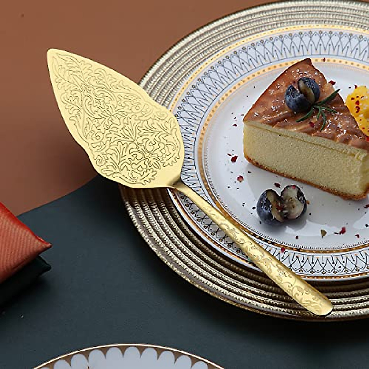 Berglander Gold Wedding Cake Knife and Server Set, Titanium Gold Plating with Unique Pattern Design Cake Cutter Serving Set Perfect for Wedding, Birthday, Parties and Events Dishwasher Safe