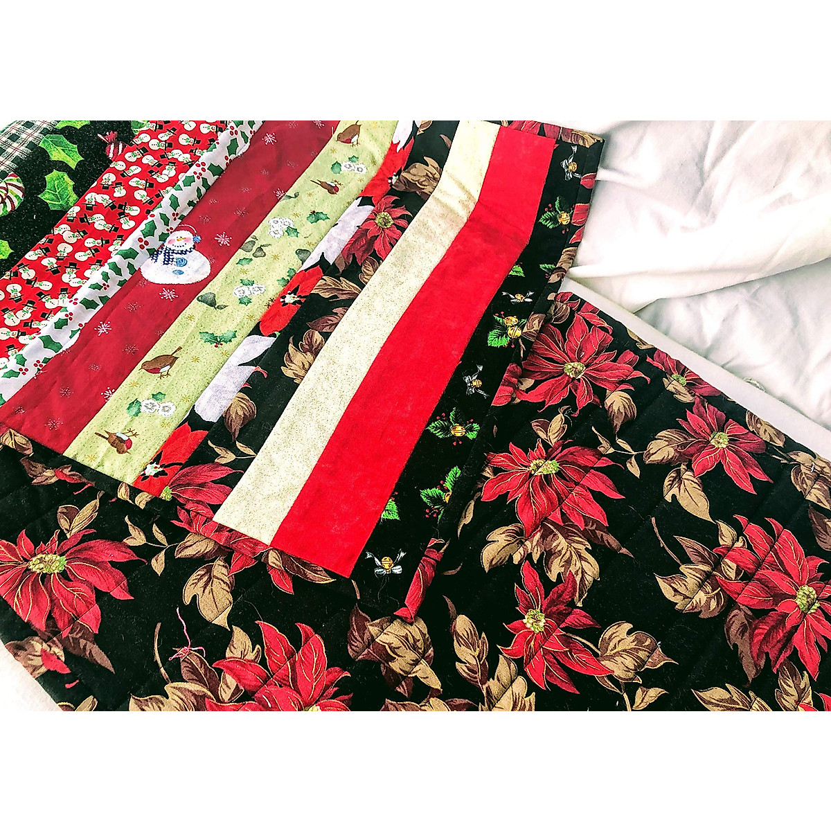 Quilted Holiday Table Runner, Jelly Roll Stripes, Rectangular, Reversible, Poinsettia Fabric, Christmas Decor, 100% Cotton