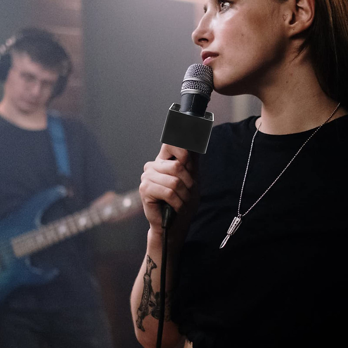 Lurrose Custom Signs Square Cube Shaped Microphone Flag Station Interview KTV Mic Portable Microphone Logo Flag Station (Black) Desktop Mic Stand