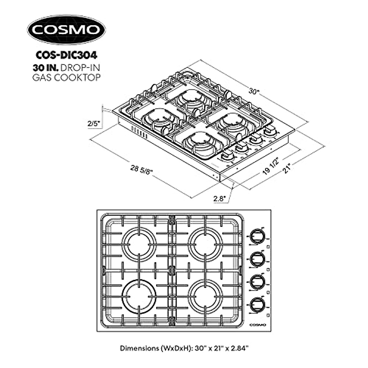 COSMO COS-DIC304 30 in. Gas Cooktop in Stainless Steel with 4 Italian Made Burners