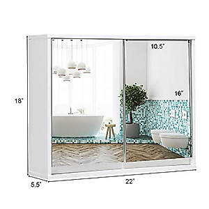 Tangkula Wide Medicine Organizer Bathroom Cabinet Double Mirror Door Wall Mount Storage Shelf White (22" Wood