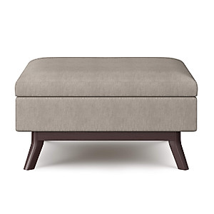 SIMPLIHOME Owen 34 inch Wide Mid Century Modern Rectangle Coffee Table Storage Ottoman in Natural Linen Look Fabric, Assembled, for the Living Room, Entryway and Family Room