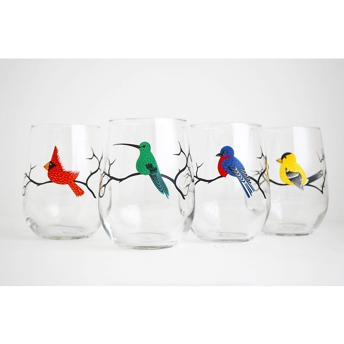 Bird Glassware Set of 4 Stemless Wine Glasses, Cardinal, Bluebird, Yellow Finch, Hummingbird Glass Collection