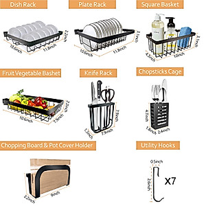 Dish Drying Rack Over The Sink, Adjustable（33.5-40.5in） Large Dish Rack Drainer for Kitchen Organization Storage Space Saver Shelf Holder with 7 Utility Hooks Dish Rack Over Sink【Fit Sink 32"- 39" L】