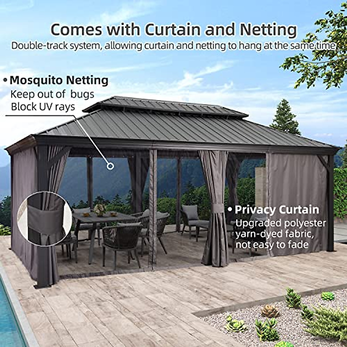 PURPLE LEAF 12' X 20' Permanent Hardtop Gazebo Aluminum Gazebo with Galvanized Steel Double Roof for Patio Lawn and Garden, Curtains and Netting Included, Grey