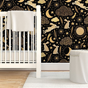 Peel & Stick Wallpaper 6ft x 2ft - Moon Hares Golden Black Stars Clouds Gold Night Custom Removable Wallpaper by Spoonflower