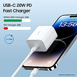 BENKS for iPhone 14 Fast Charging, 20W USB C Wall Charger TÜV Certified, USB-C Fast Wall Charger Compatible with iPhone 14/14 Plus/14 Pro/14 Pro Max, PD Block Adapter for iPad iPhone 13/12 Series