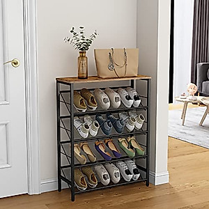 LIDYUK Shoe Rack, 5-Tier Shoe Organizer with 4 Slanted Metal Mesh Storage Shelves and Wood Top, Free Standing Shoe Rack for Entryway, Hallway, for 20-24 Pairs of Shoe Storage, Rustic Brown