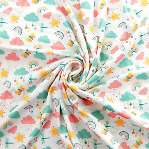 Pastel Rainbows and Butterflies DBP Fabric - Double Brushed Polyester 4 Way Stretch - 1 Yard