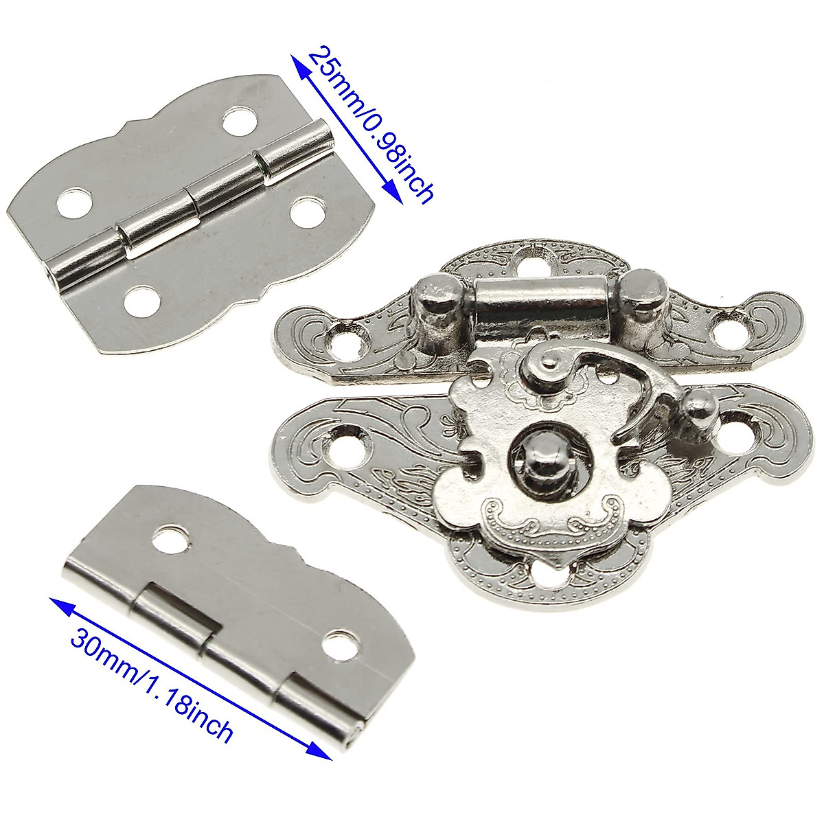 1 Pcs Antique Hasp Latch and 2 Pcs Butterfly-Shape Hinges Decorative Lock Buckle with Matching Screws[FDXGYH,Silver]